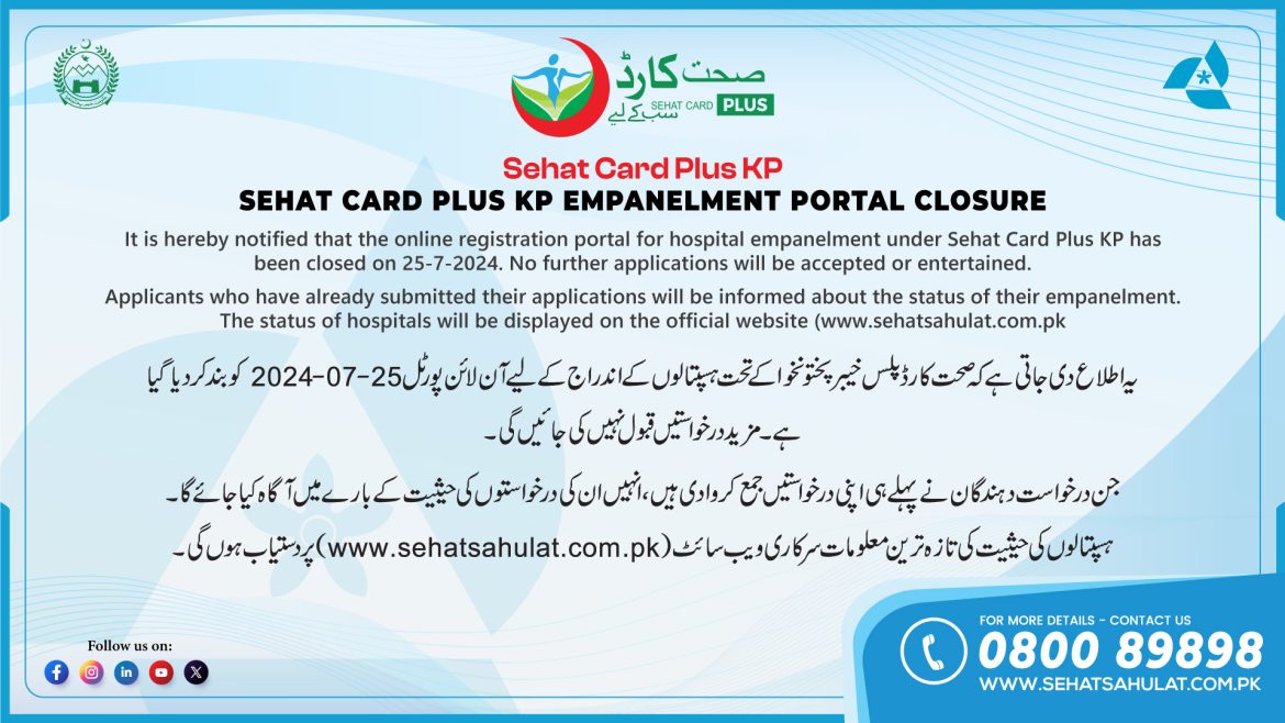 Sehat Card Plus KP Empanelment Portal Closure – Sehat Card Plus KP